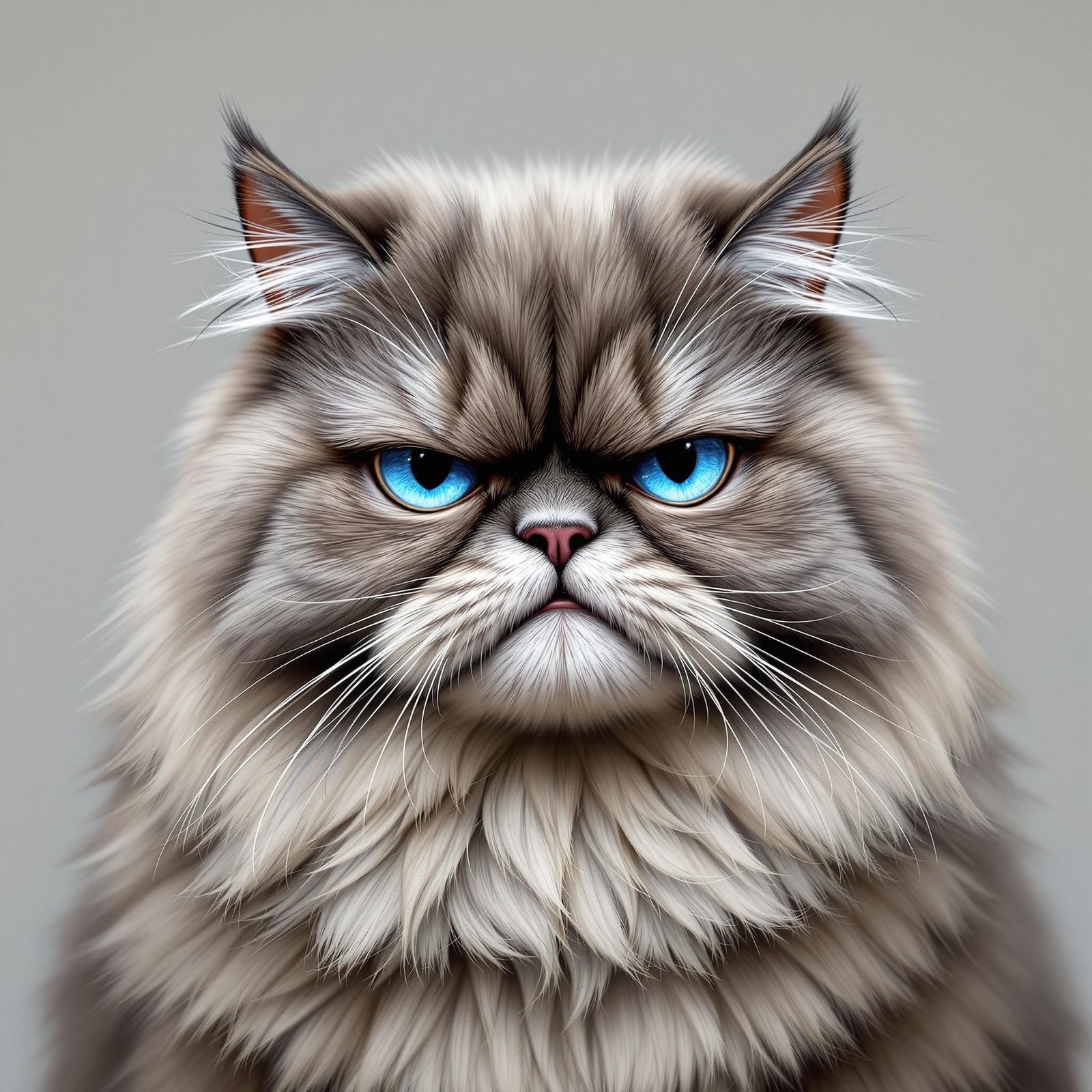 Photorealistic picture of a grumpy cat. He was a squat, fluffy Persian ...
