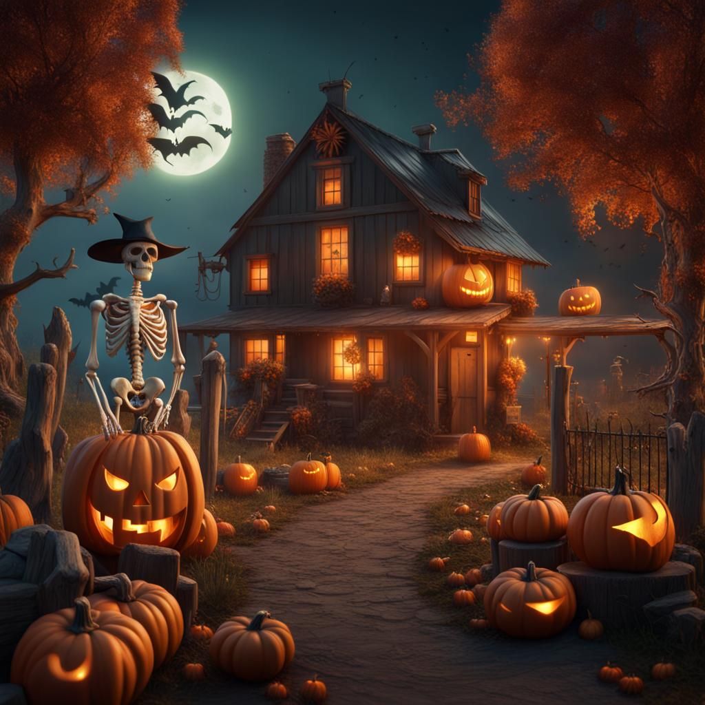 Halloween decorations on a farm with a skeleton and farm animals - AI ...