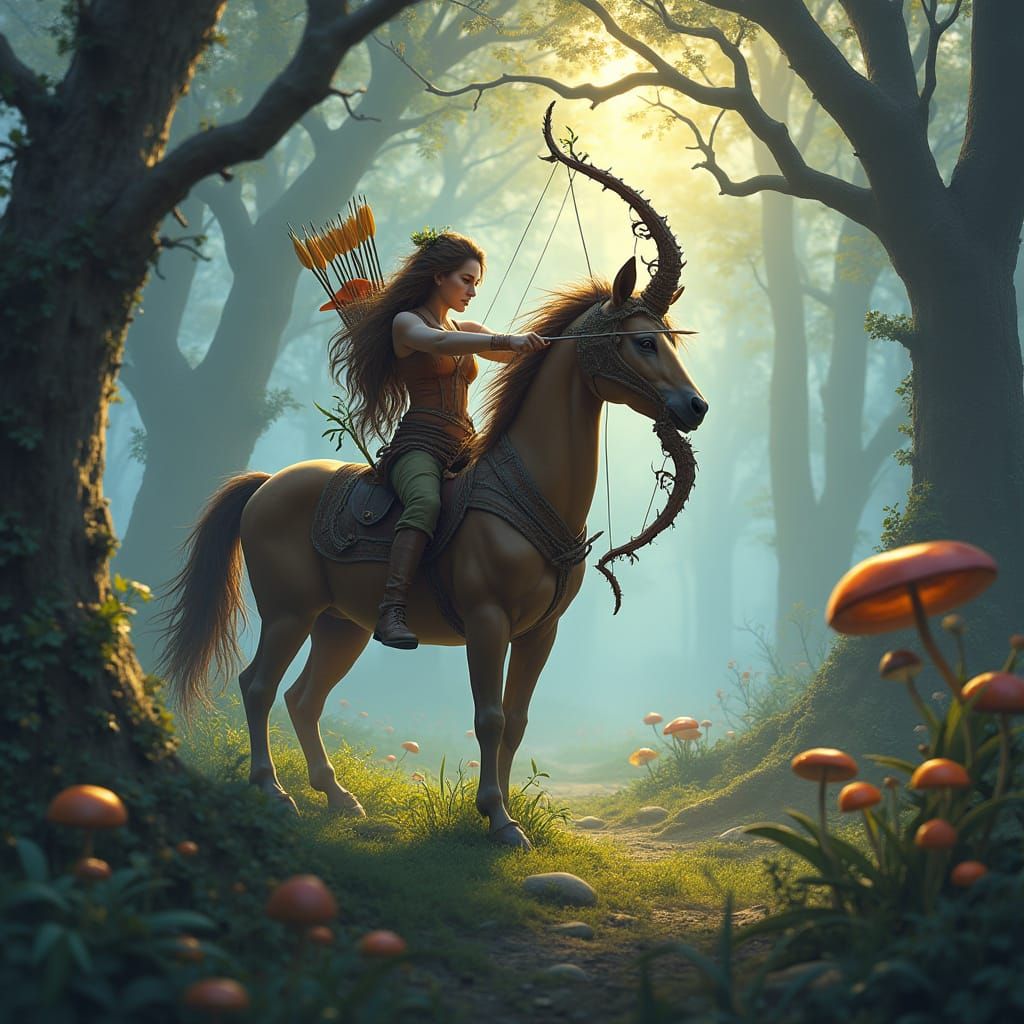 Woops--Female centaur armed with a bow, in a forested area