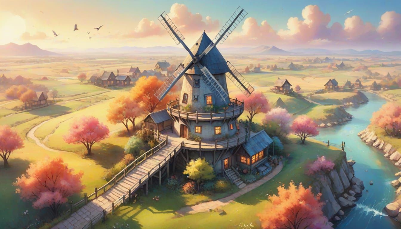 Moulin à Vent Watercolor painting of a fantasy windmill house in the ...