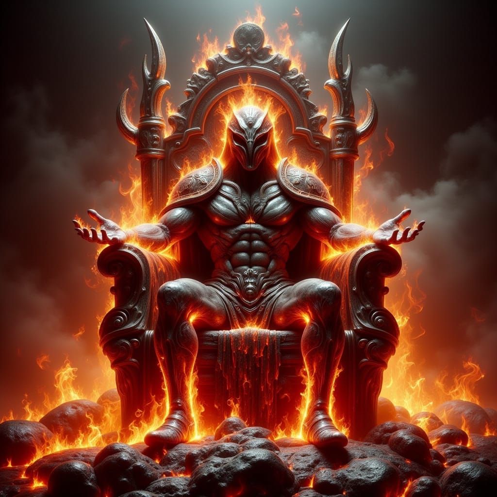 God of Fire Sitting Upon Flaming Throne in Epic Fa... - AI Art
