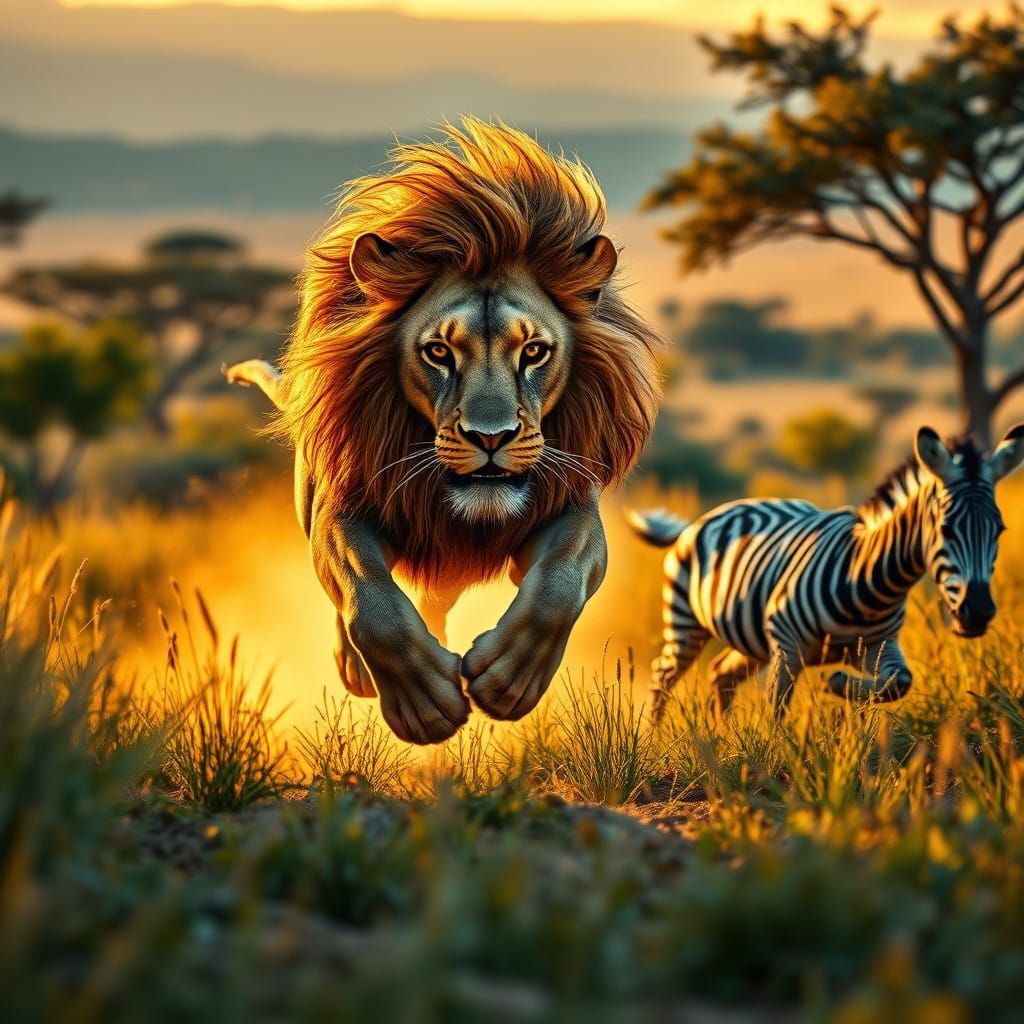 Majestic Lion in the Savannah, Chasing a Fleeing Z... - AI Art