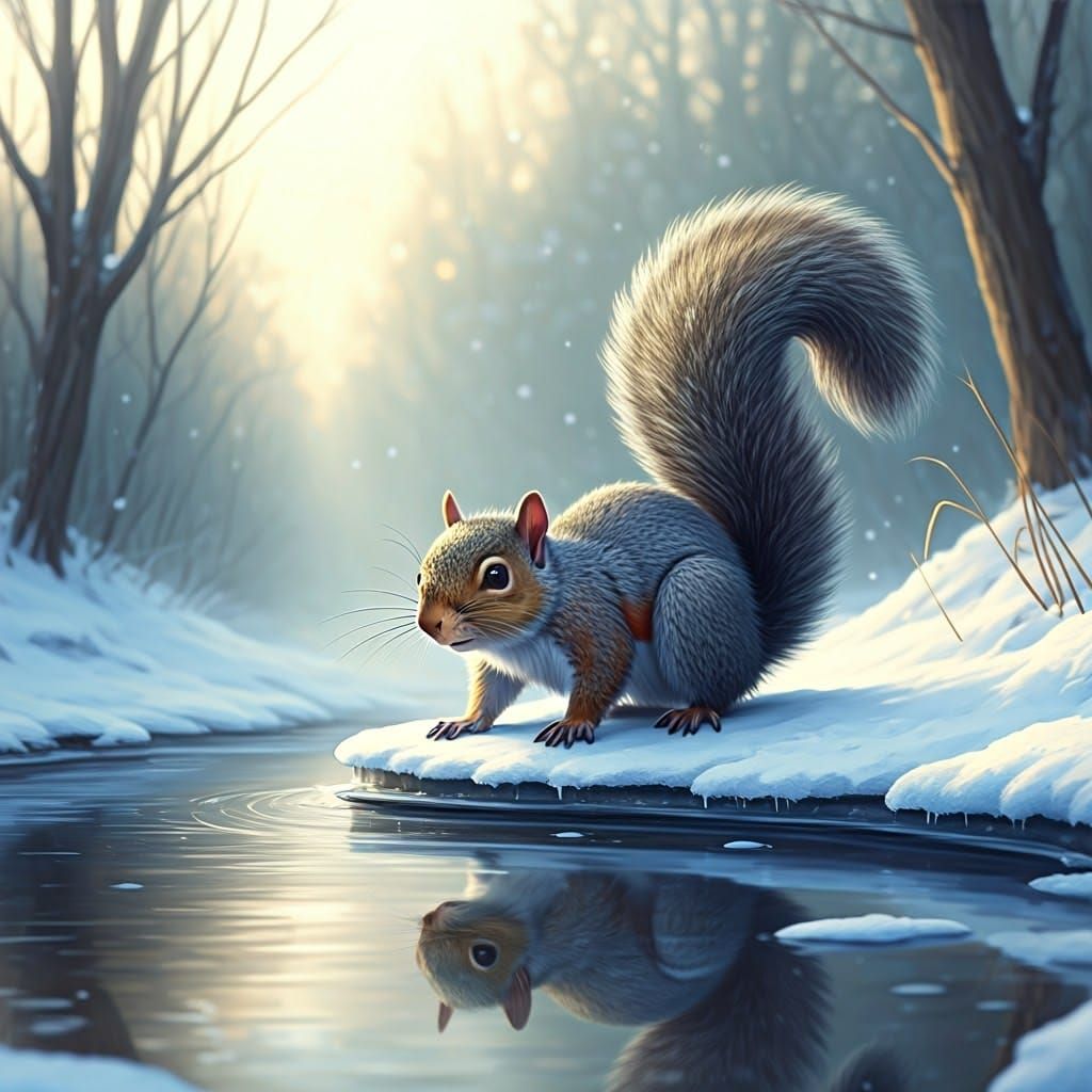 Frozen Squirrel Crouches on River Ice in Whimsical... - AI Art