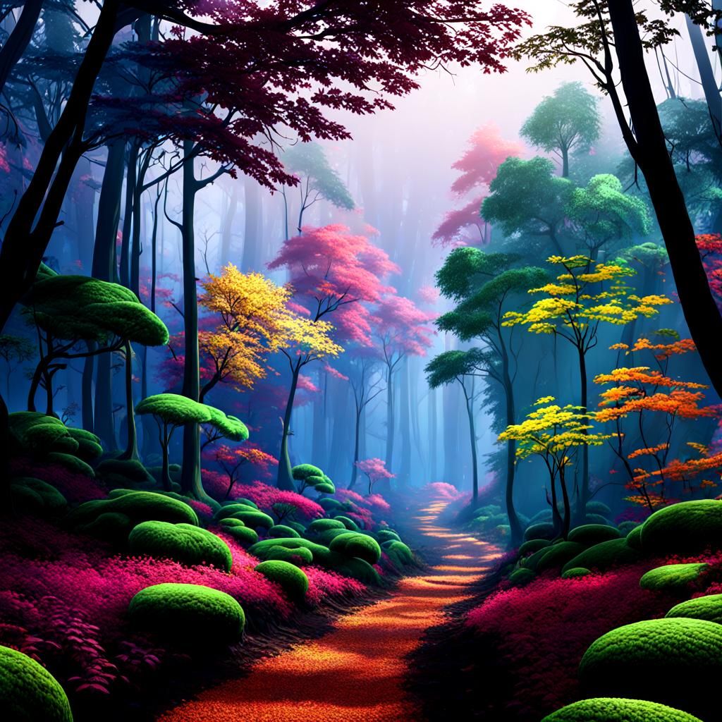 Path Through Colorful Forest, weird forest, strange forest, crazy forest