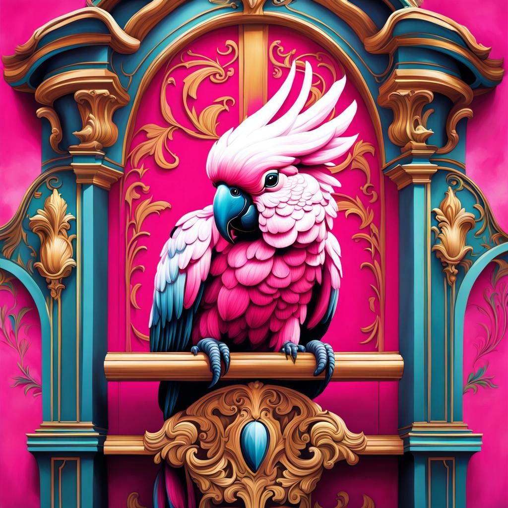 Pink cockatoo art nouveau rococo architecture. - AI Generated Artwork ...