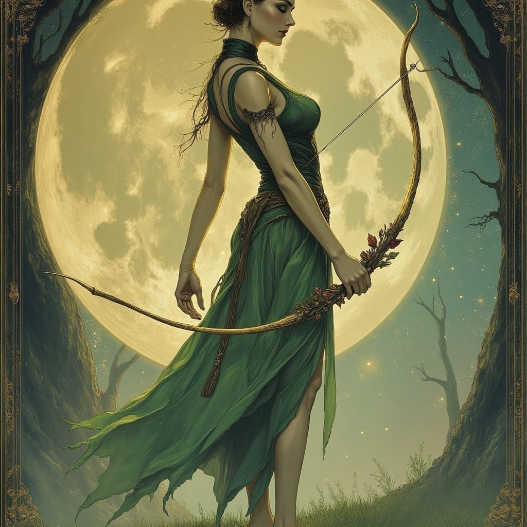 Artemis - Greek Goddess Artemis Hunts Under Crescent Moon