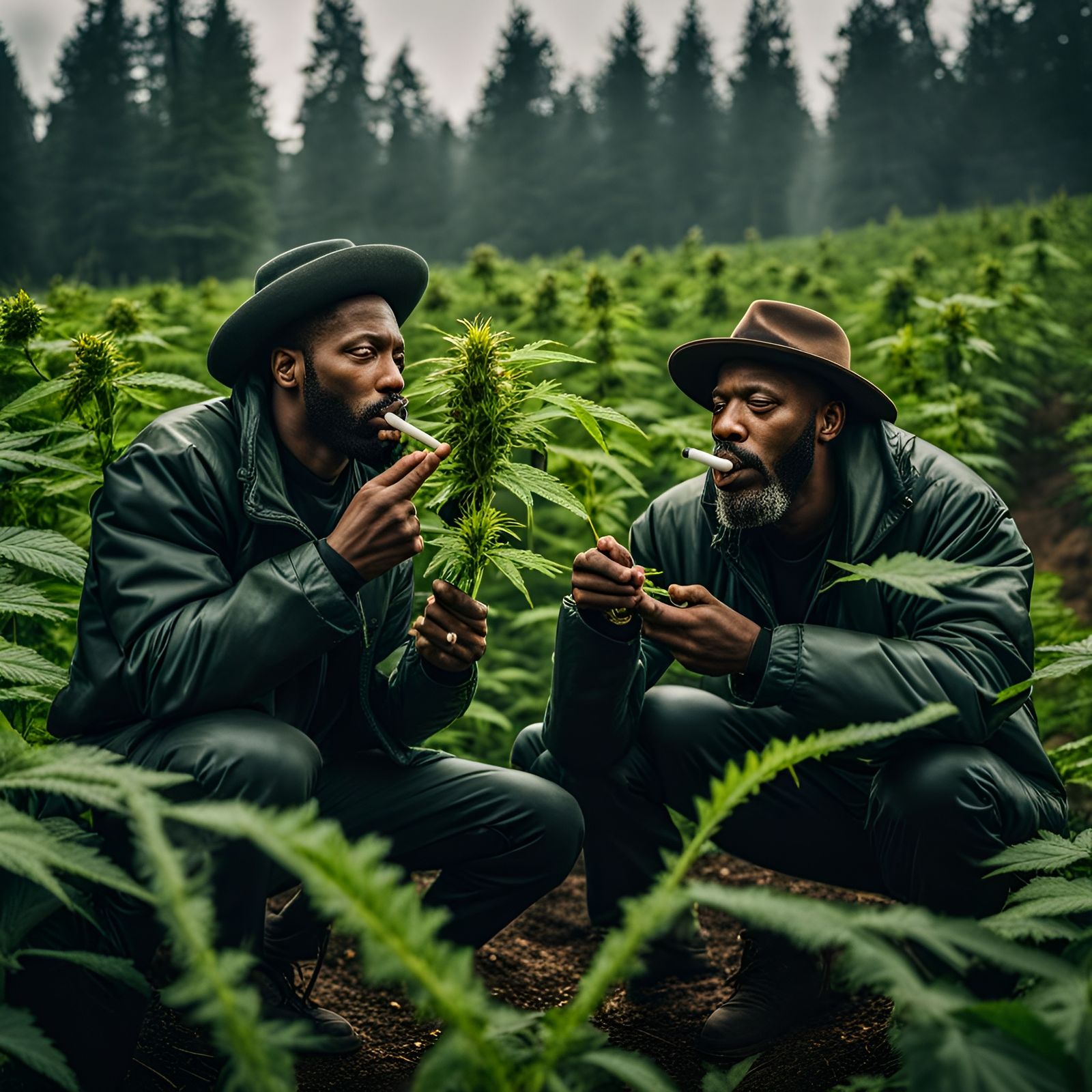 Two men in a weed farm smoking big blunts in the morning - AI Generated ...