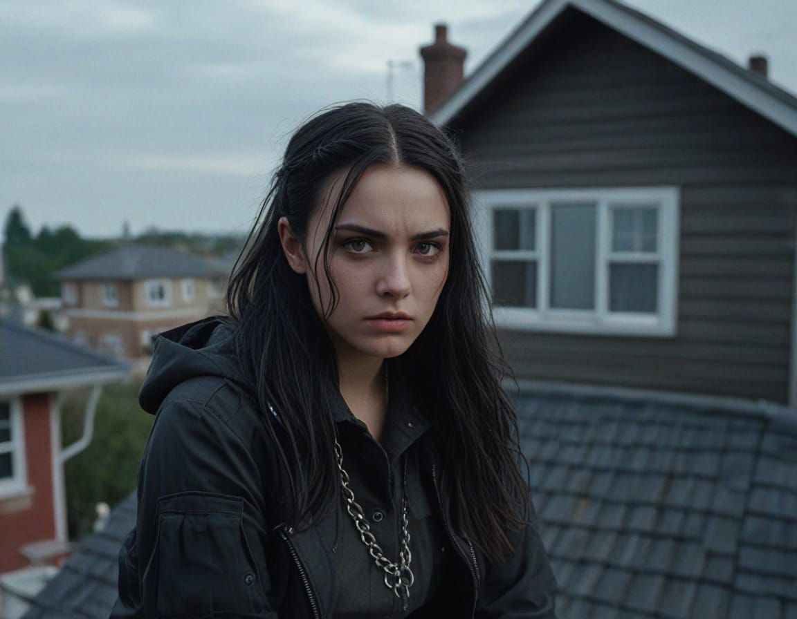 Young stocky female with long black hair, dark hairy eyebrows, bright ...