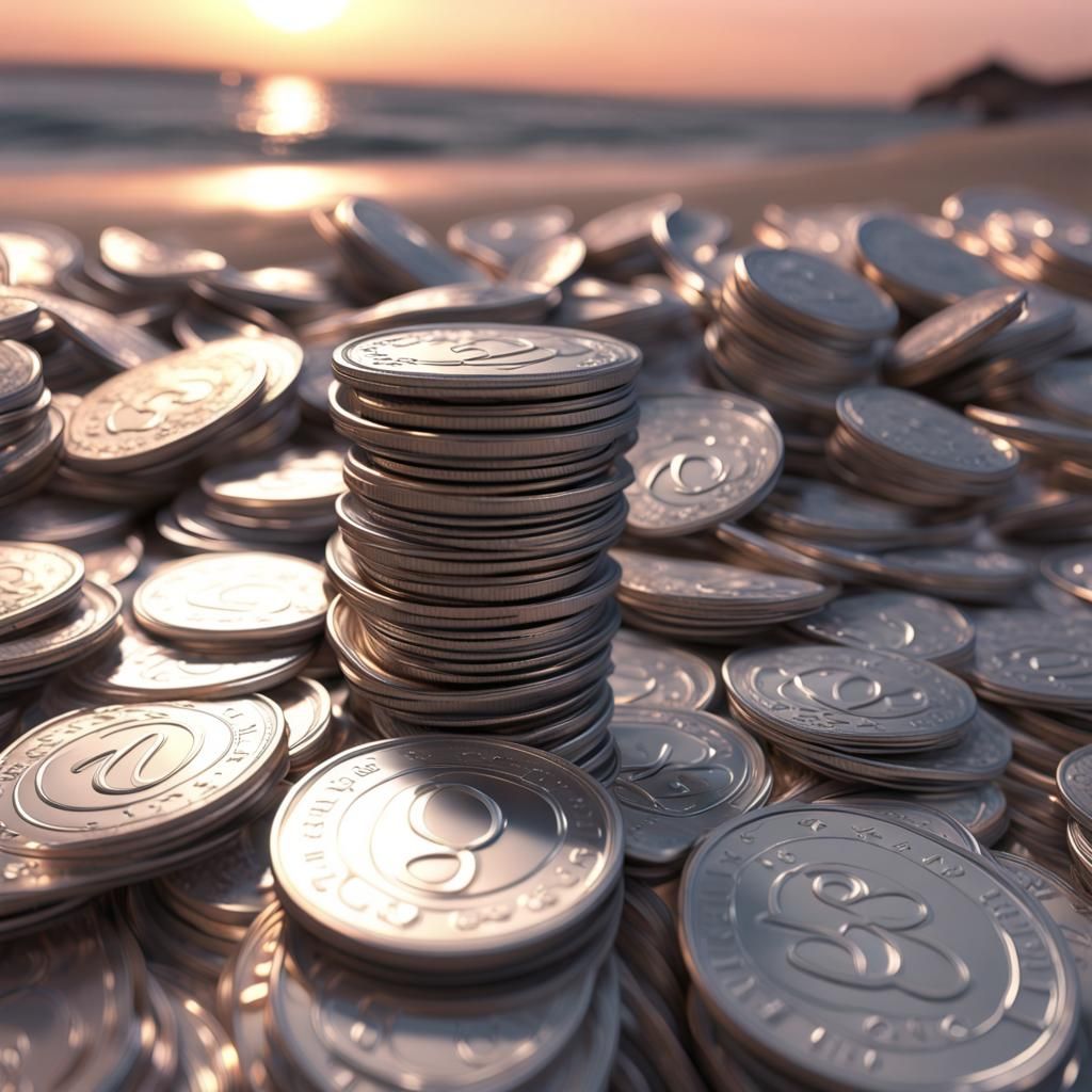 piles of silver coins at the beach, twist, swirl, dynamic, zenith ...
