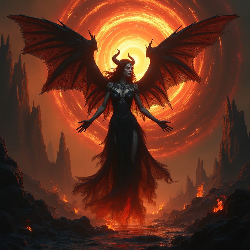 Dark Fantasy Goddess Lilith Amidst Hellish Inferno - AI Art