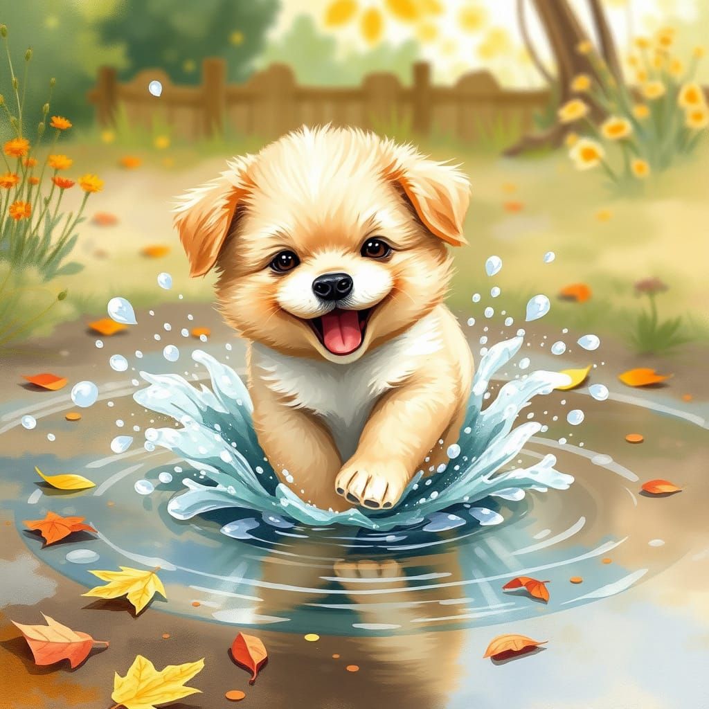 Splash art puppy - Joyful Puppy Splash in Vibrant Outdoor Se...