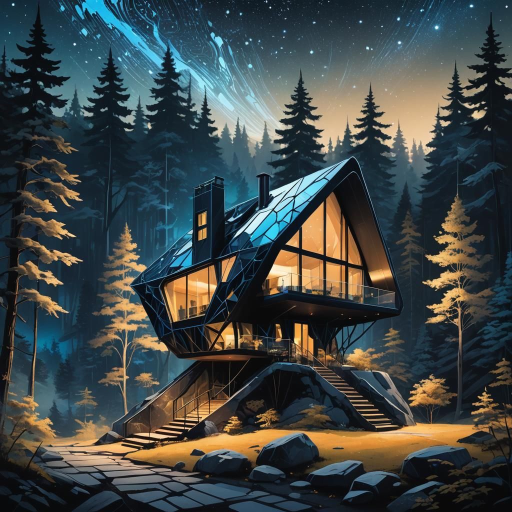Mountain Cottage - Surreal Futuristic Mountain Cottage Under...