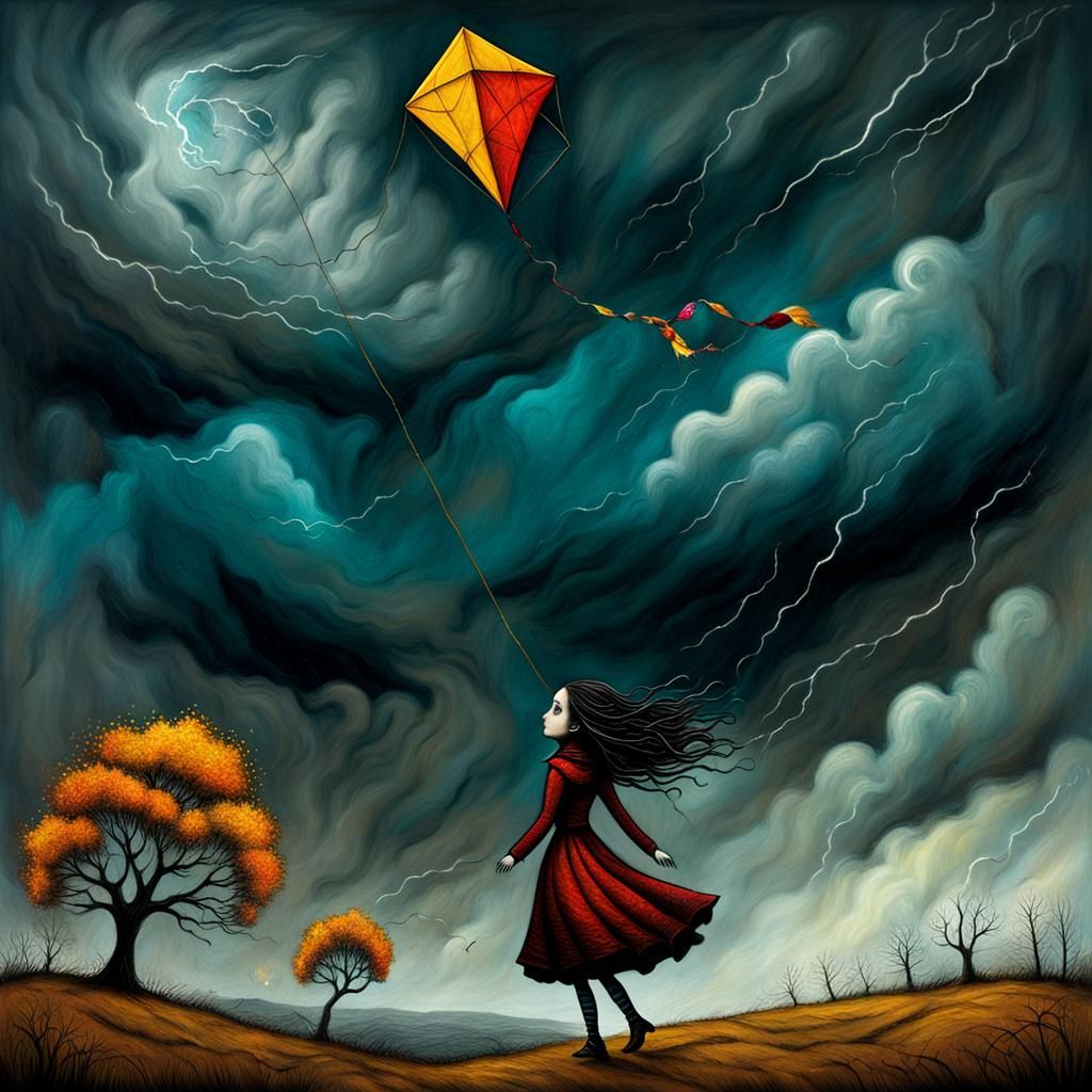 Vibrant Autumn Pop Surrealism Scene with Girl Flyi... - AI Art
