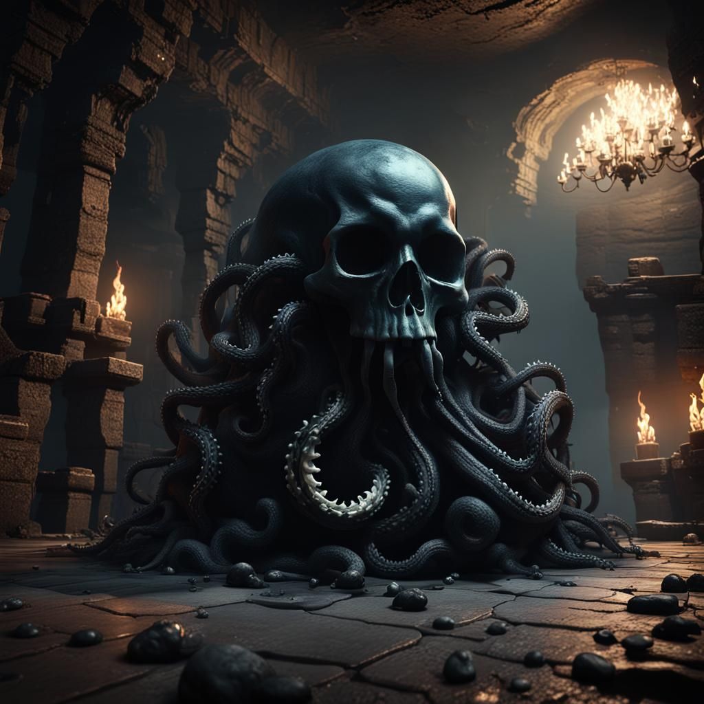 An amorphous black blob with tentacles and a small human skull balanced ...