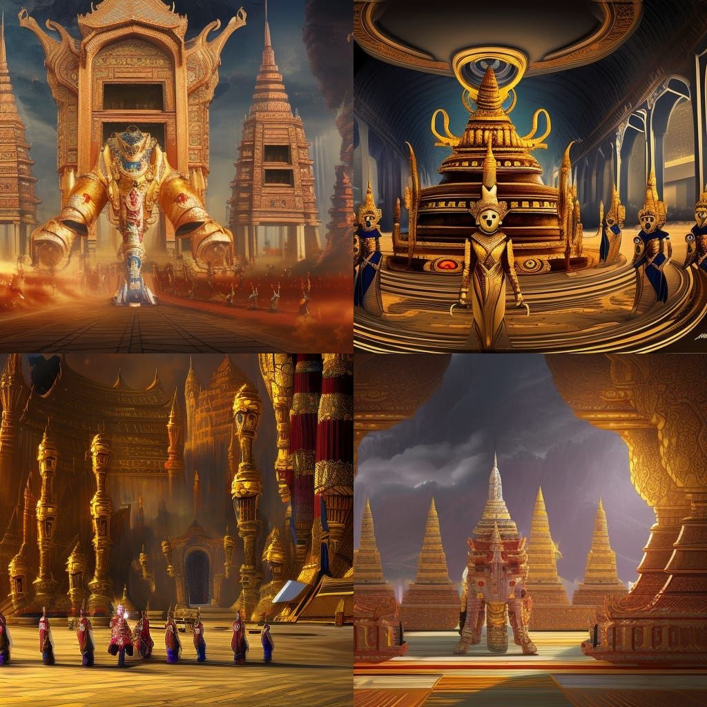 A spaceship modeled from a royal palace with robots dressed in ancient ...