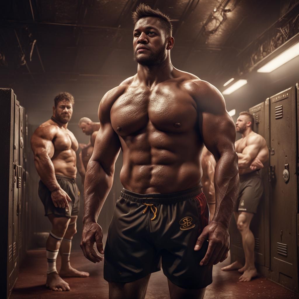 muscular rugby players 30 years old in the locker room after the game ...