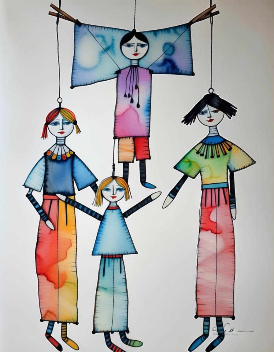 Puppets hanging on threads watercolor pencil sketch drawing art Brut ...