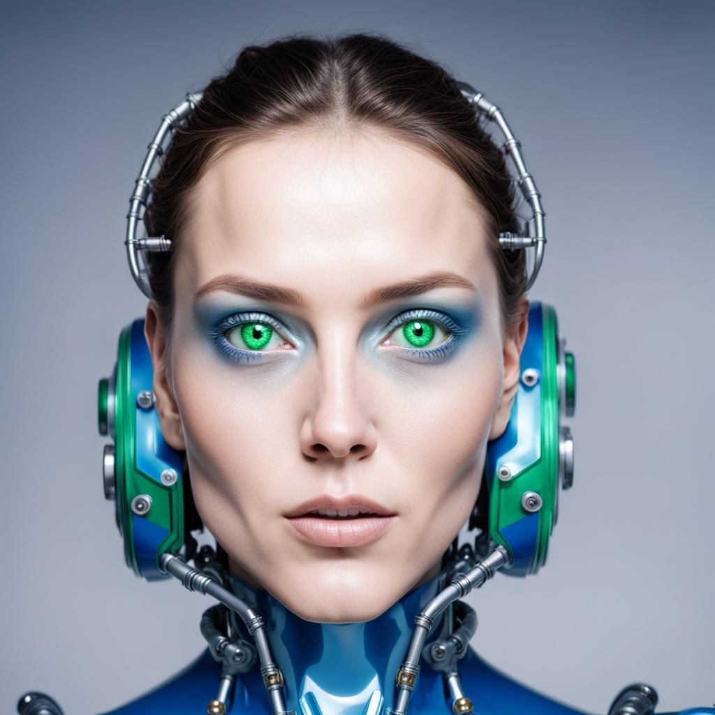 Portrait of a female cyborg with green eyes blue plastic pvc outfit ...