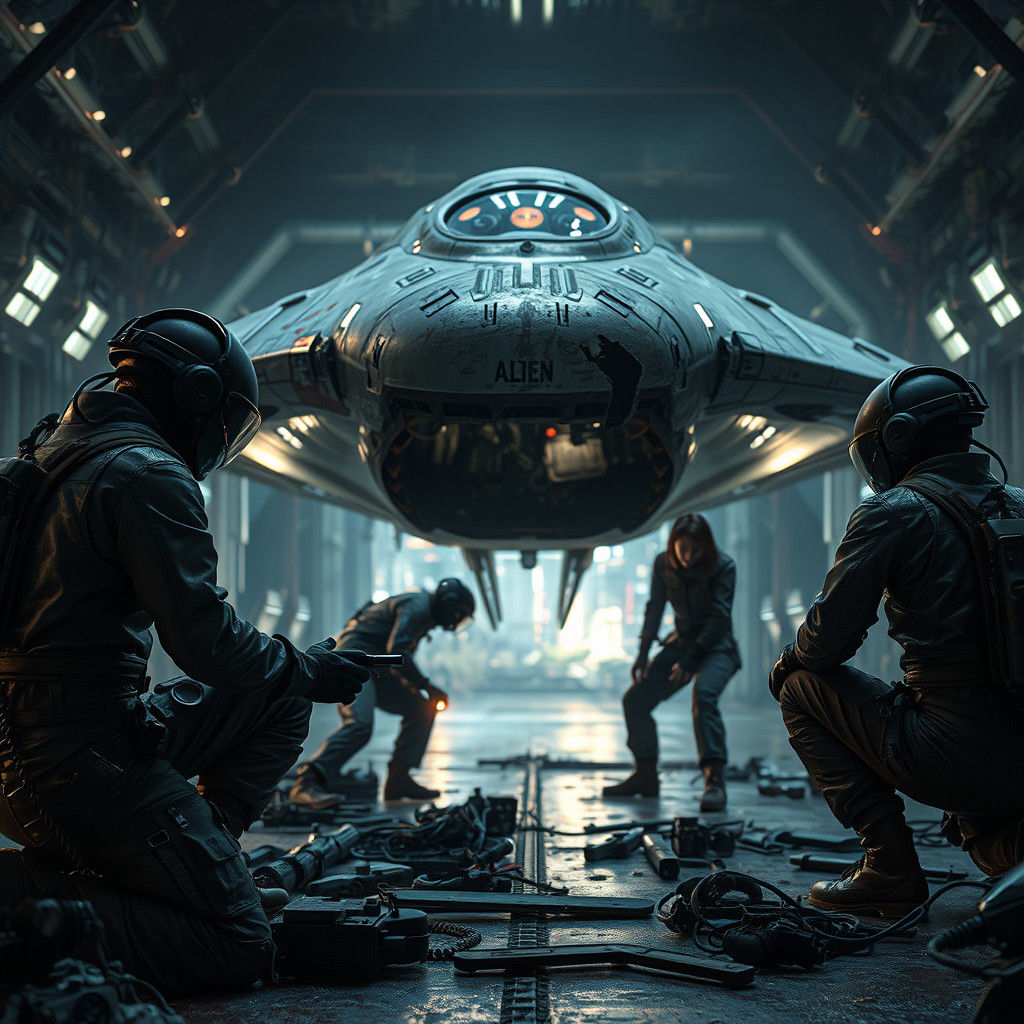 Intense Cyberpunk Mechanics Repair a Damaged Flyin... - AI Art