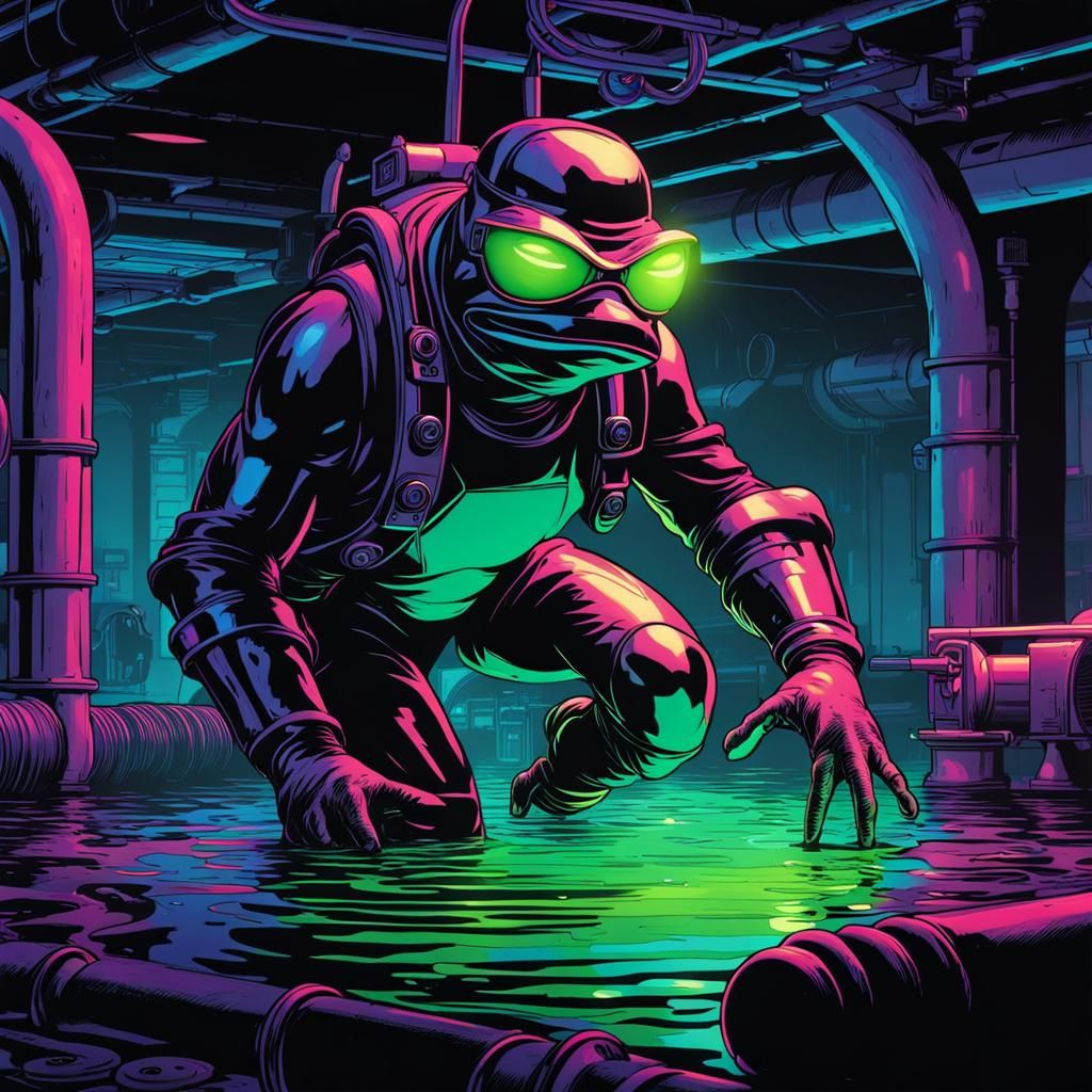Frogman emerges from a sewerage system. - AI Generated Artwork - NightCafe Creator