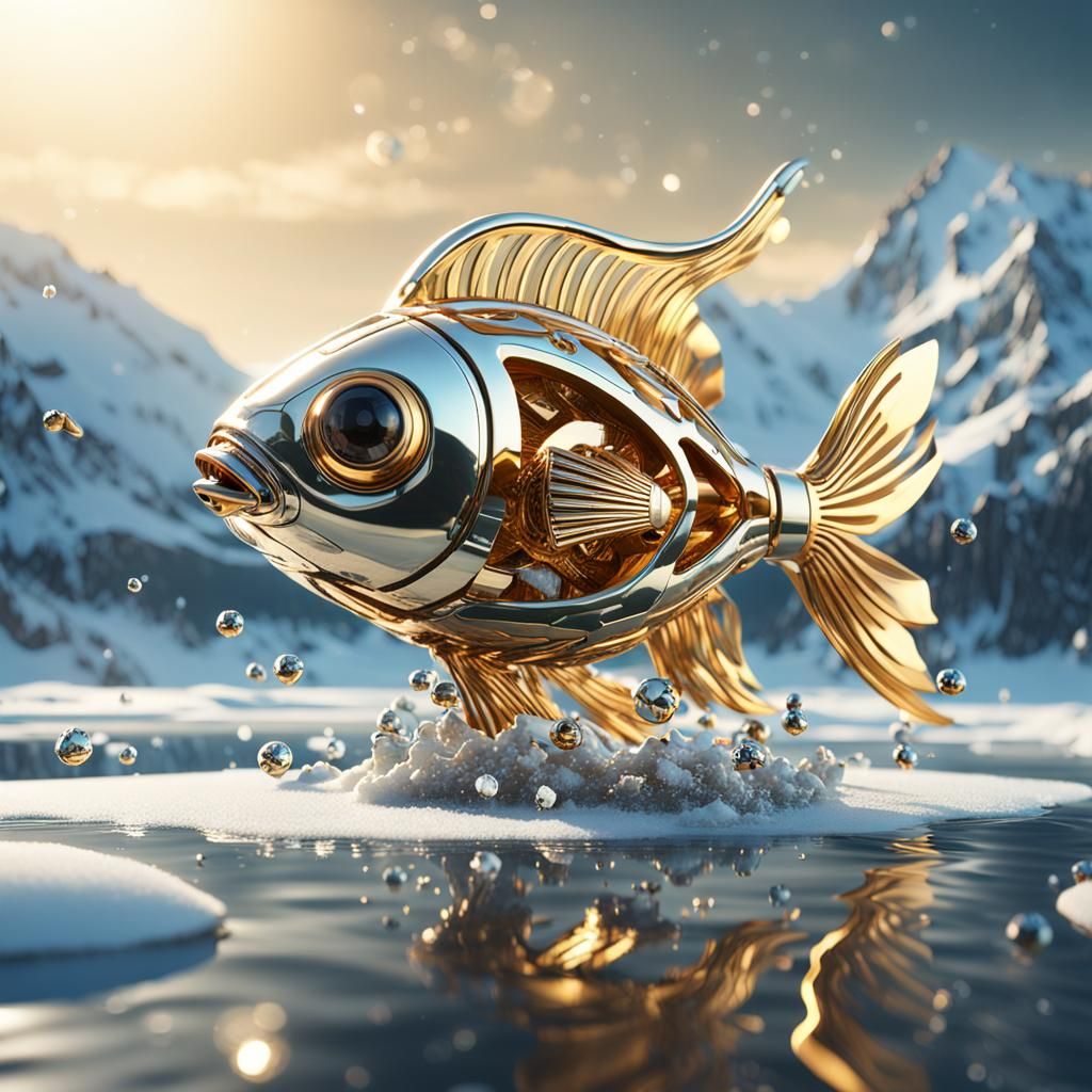 Dramatic ligth colours on the metal golden fish diamond eyes, jumping ...