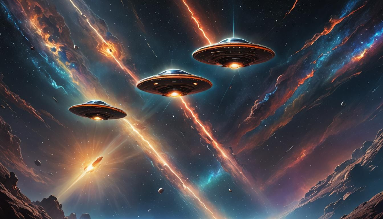 A 1800 painting of two UFOs flying through space, stars lightspeed ...