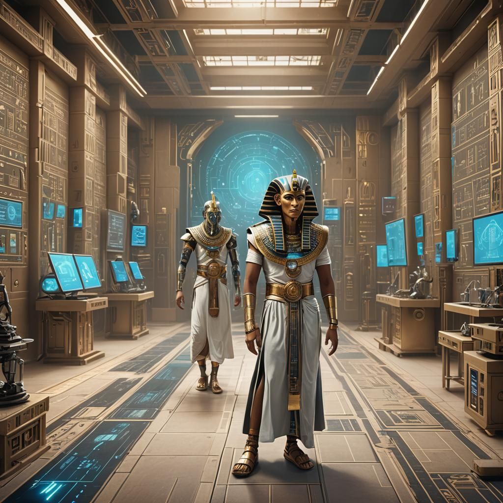 An ancient Egyptian pharaoh, walking through a modern-day high-tech ...
