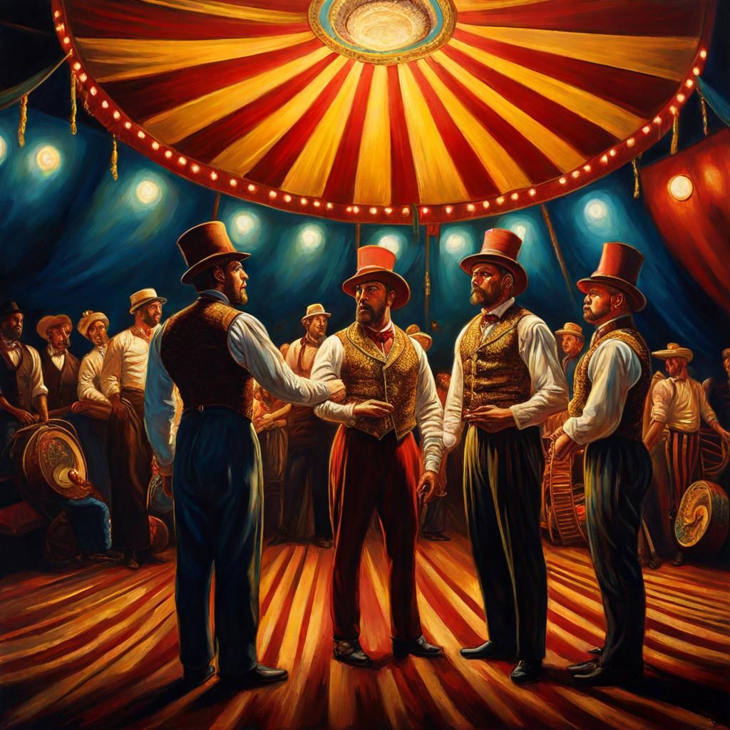 Circus Performers, Hyperrealistic, oil on canvas, concept art, mid shot ...