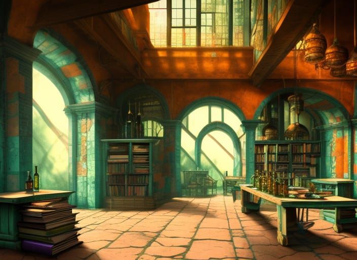 alchemist room cats books glass bottles worktables pavers intricate ...