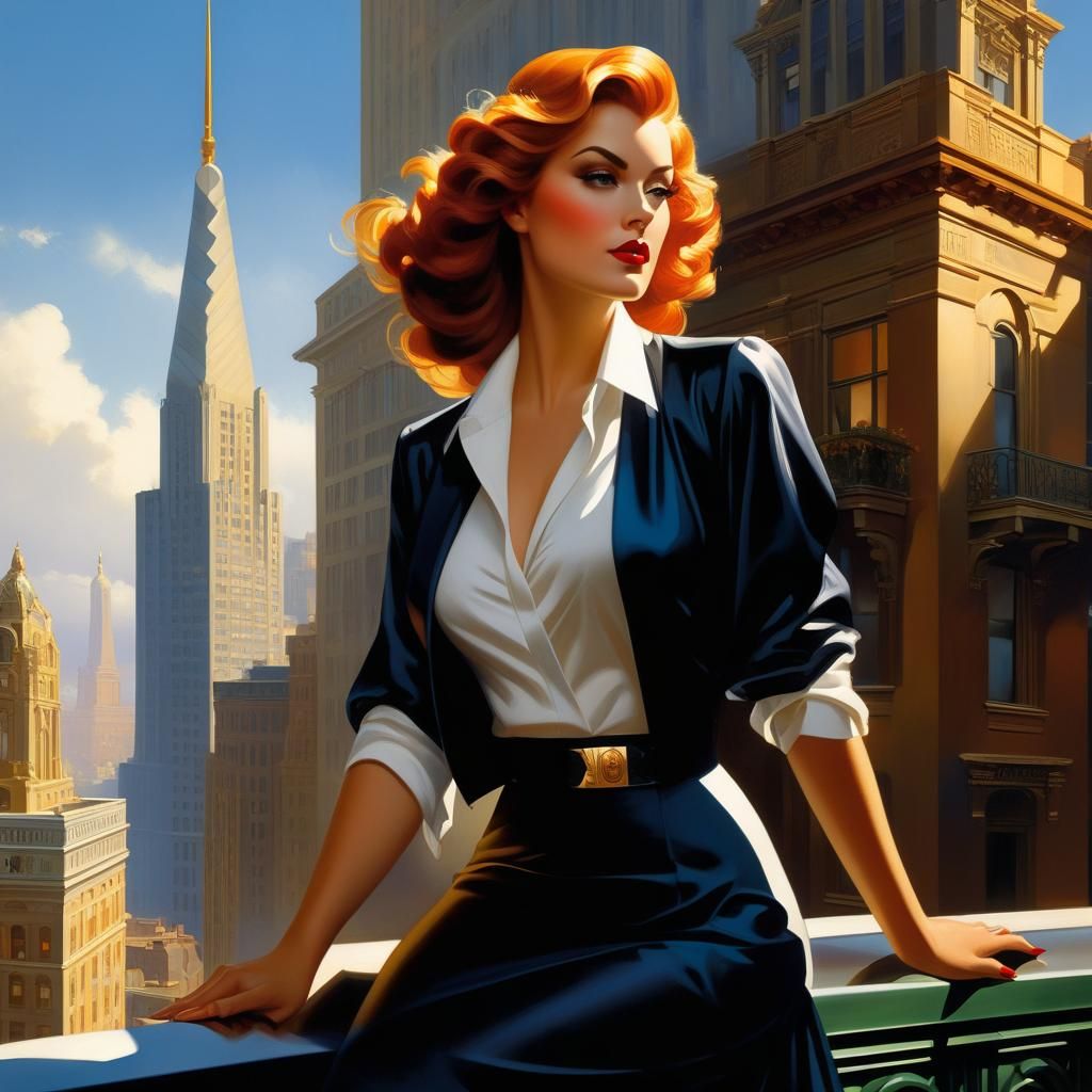 a highly detailed illustration of a beautiful young women in city 2023, by Thomas Moran,R ...