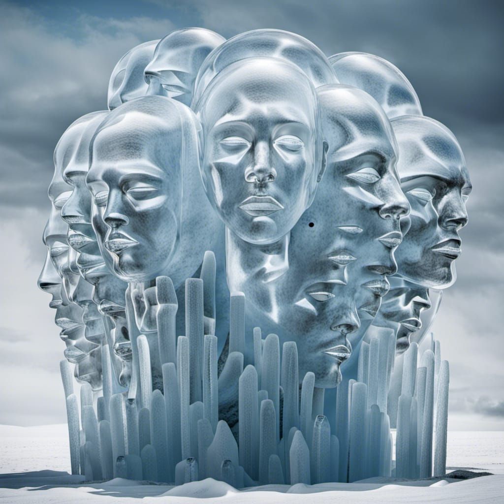 An abstract ice sculpture with 10 human heads poking out of everywhere ...