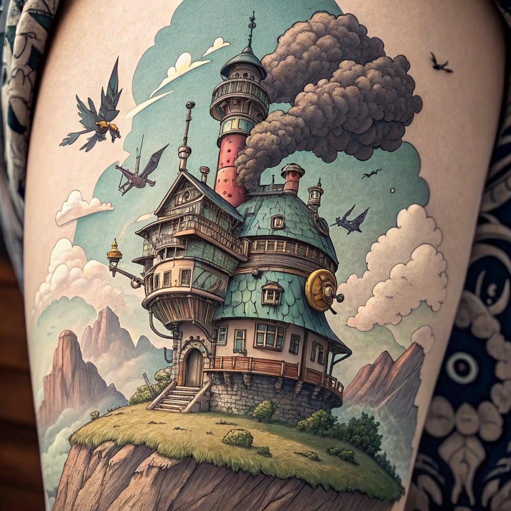 Miyazaki Inspired Castle Tattoo - AI Art