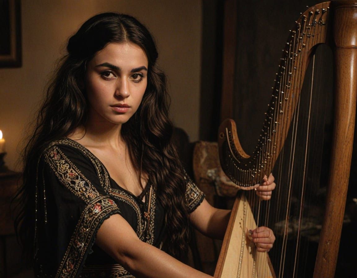 Young gypsy woman, with long dark brown hair, dark hairy eyebrows, intense stern stare, light ...