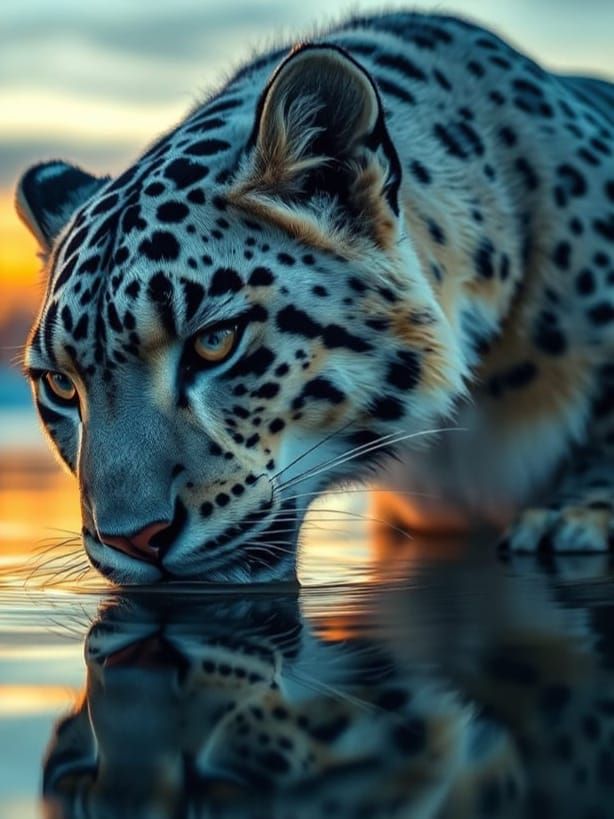 snow leopard drinking water - snow leopard drinking water