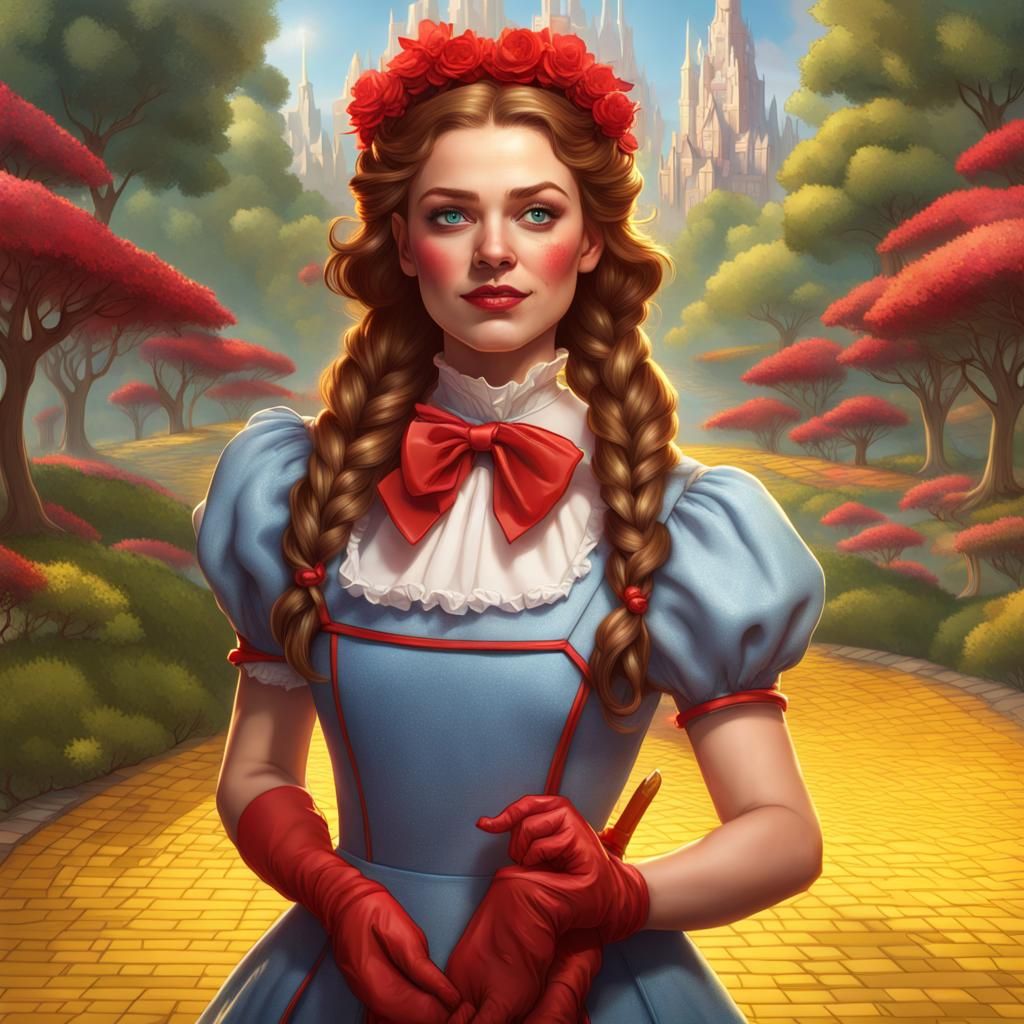 Dorothy Gale as Queen of Oz wearing the ruby slippers on the yellow ...