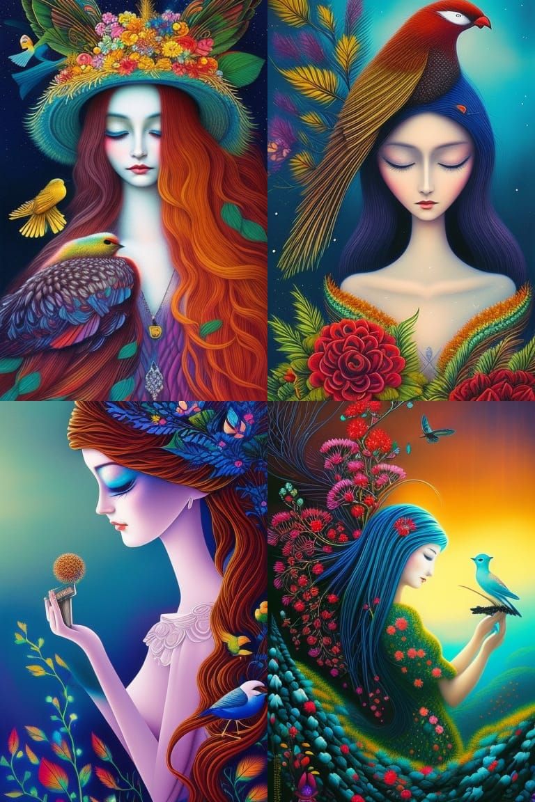 sad woman with birds, flowers, fairytale, magic realism, Coloring Book ...