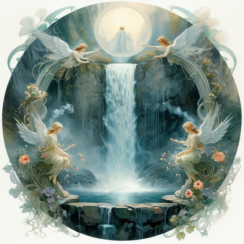 A stony waterfall with angels #1 - AI Generated Artwork - NightCafe Creator