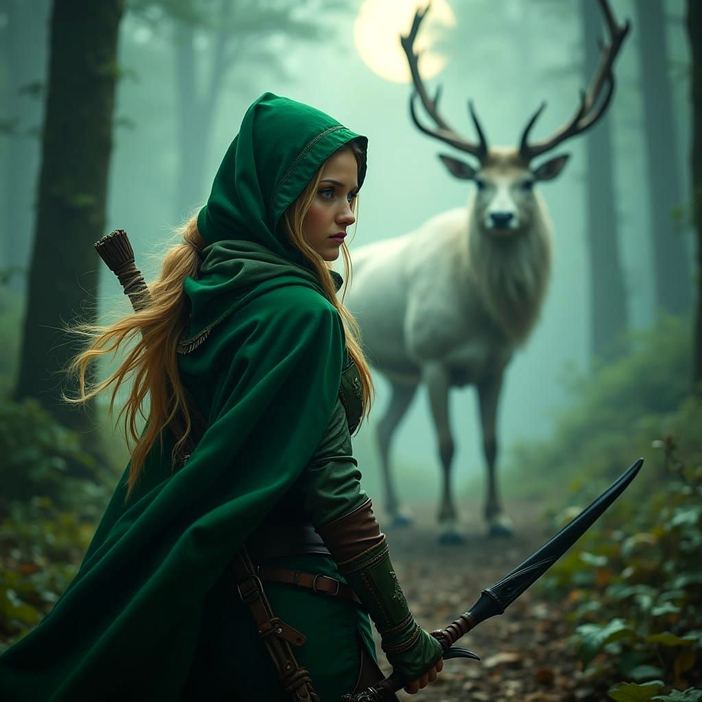 Elegant Elven Ranger Stalking through the Woods in... - AI Art