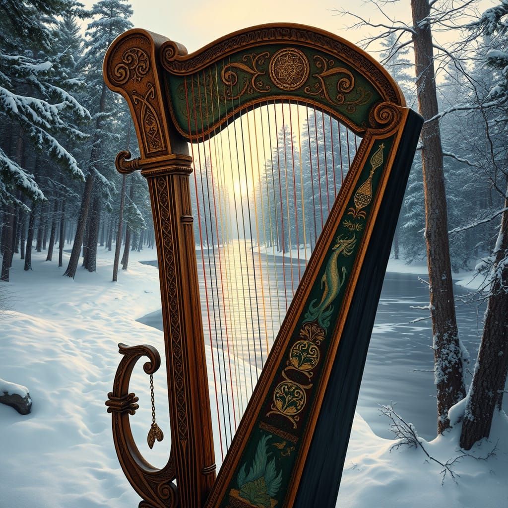 Fa ionico - Ethereal Hyperrealism: Ancient Irish Harp in Sno...