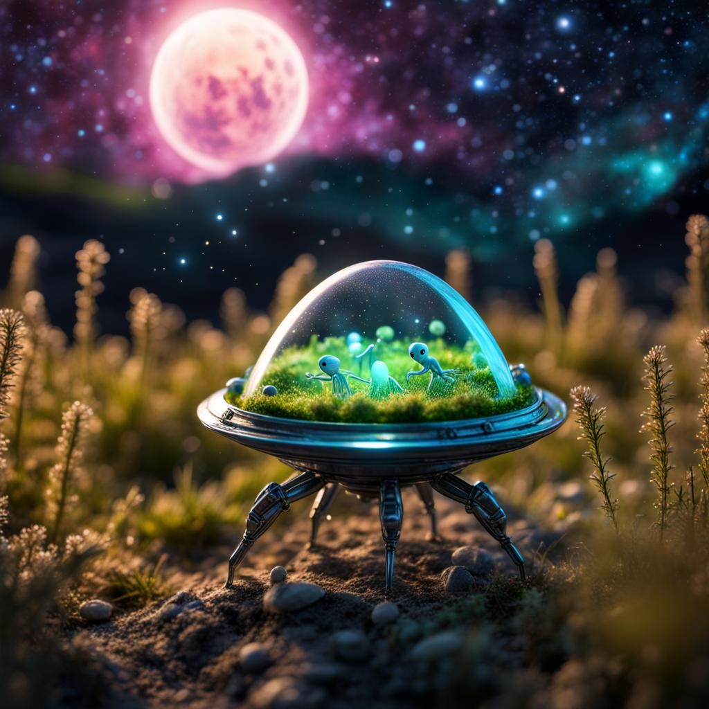 Photograph, Macro, miniature glowing alien spaceship with alien in it ...