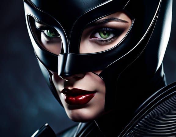 a black cat face in the human body of Catwoman suited up, deep look at ...
