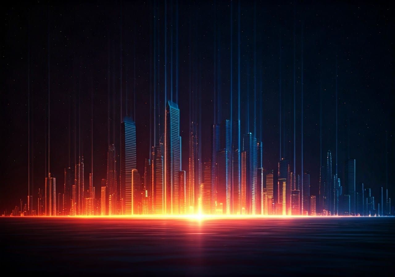 "A glowing city skyline composed entirely of vibrant beams of light ...