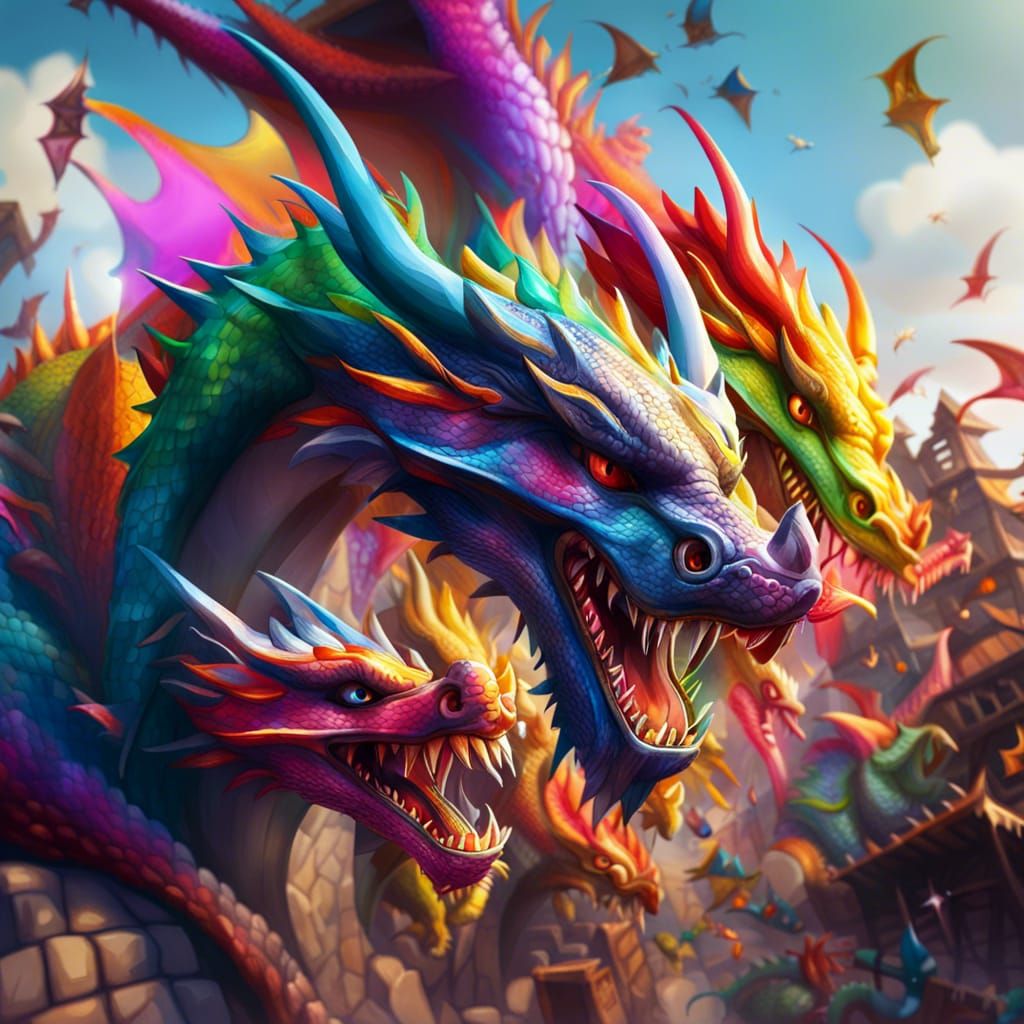 a swarm of multicolor dragons attack a village - AI Generated Artwork ...