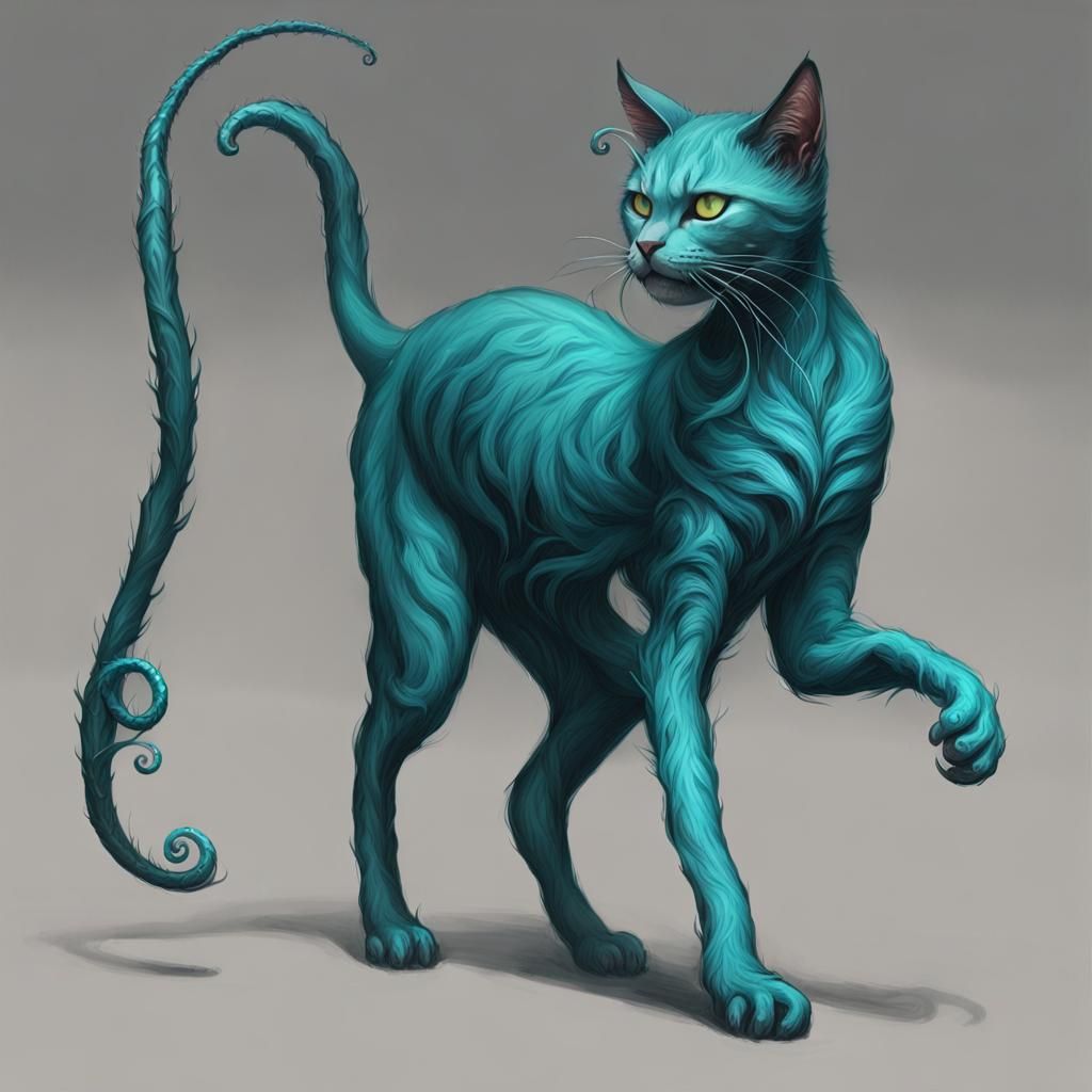the demon cat boast a teal covered body with two of its limbs being ...