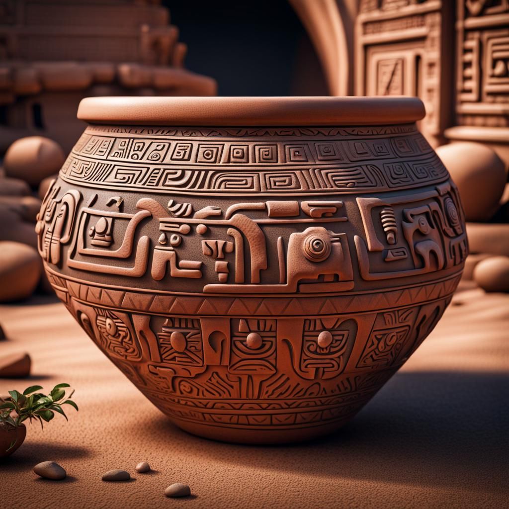 "8k high resolution photograph of an aztec clay pot with intricate ...