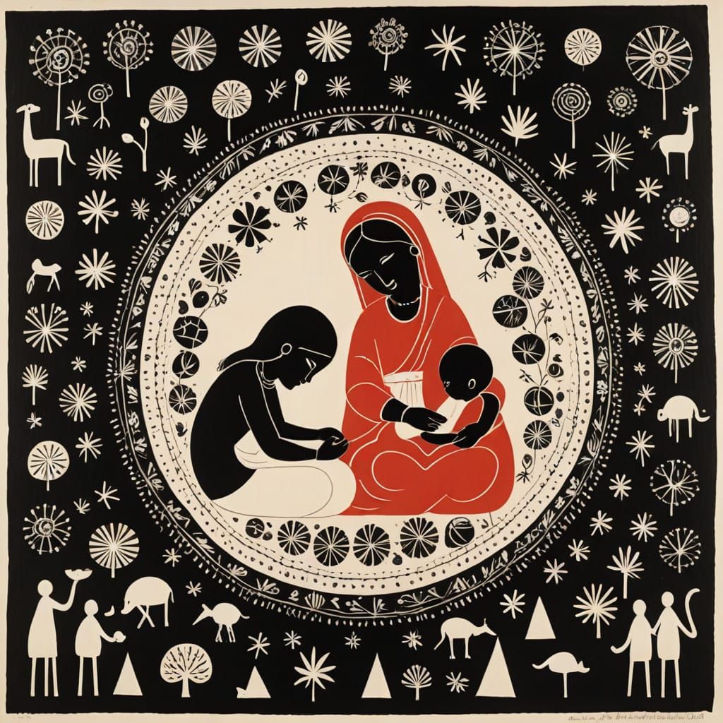 MATERNAL Joy Birth RITUAL COMMUNITY Parchment Warli Painting Mary Blair ...