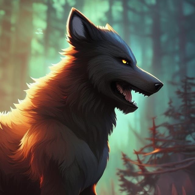 beautiful wild werewolf, with dark fur and sharp teeth, strong, highly ...