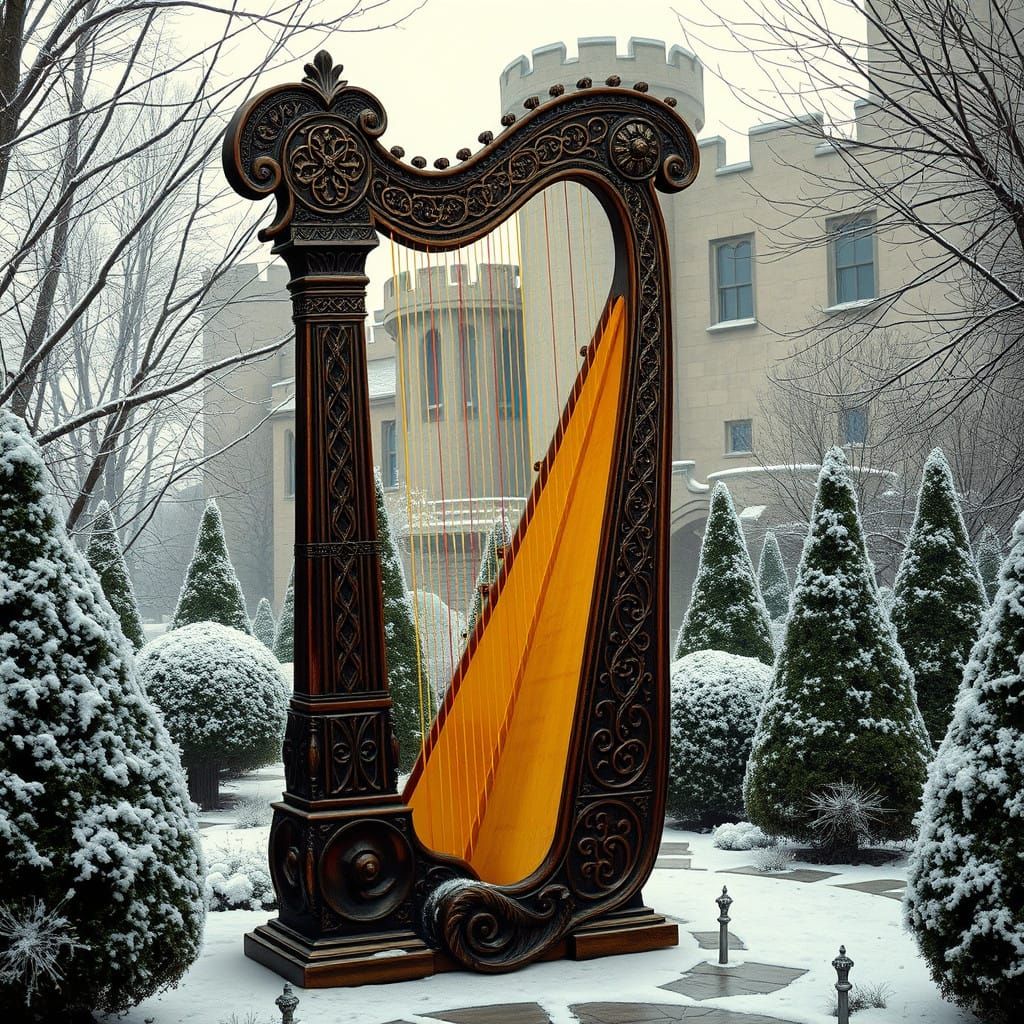 Ethereal Winter Scene with Ancient Bardic Harp and... - AI Art