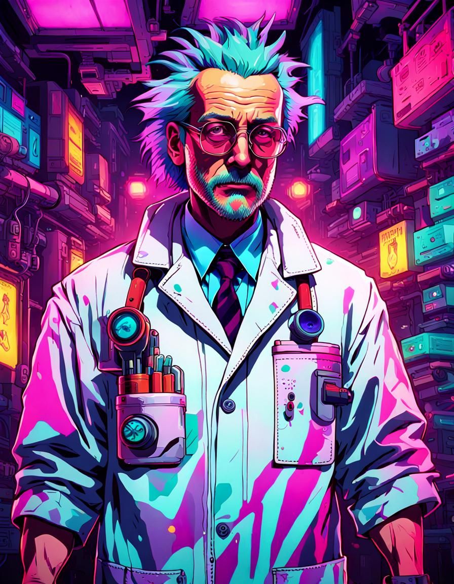 (intricately detailed anime portrait of a mad scientist:1,5) synthwave ...