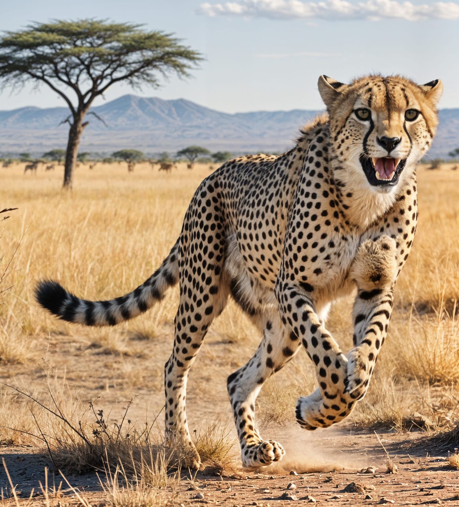 Image of a cheetah pouncing on an impala. Savanna in background. Sarah ...